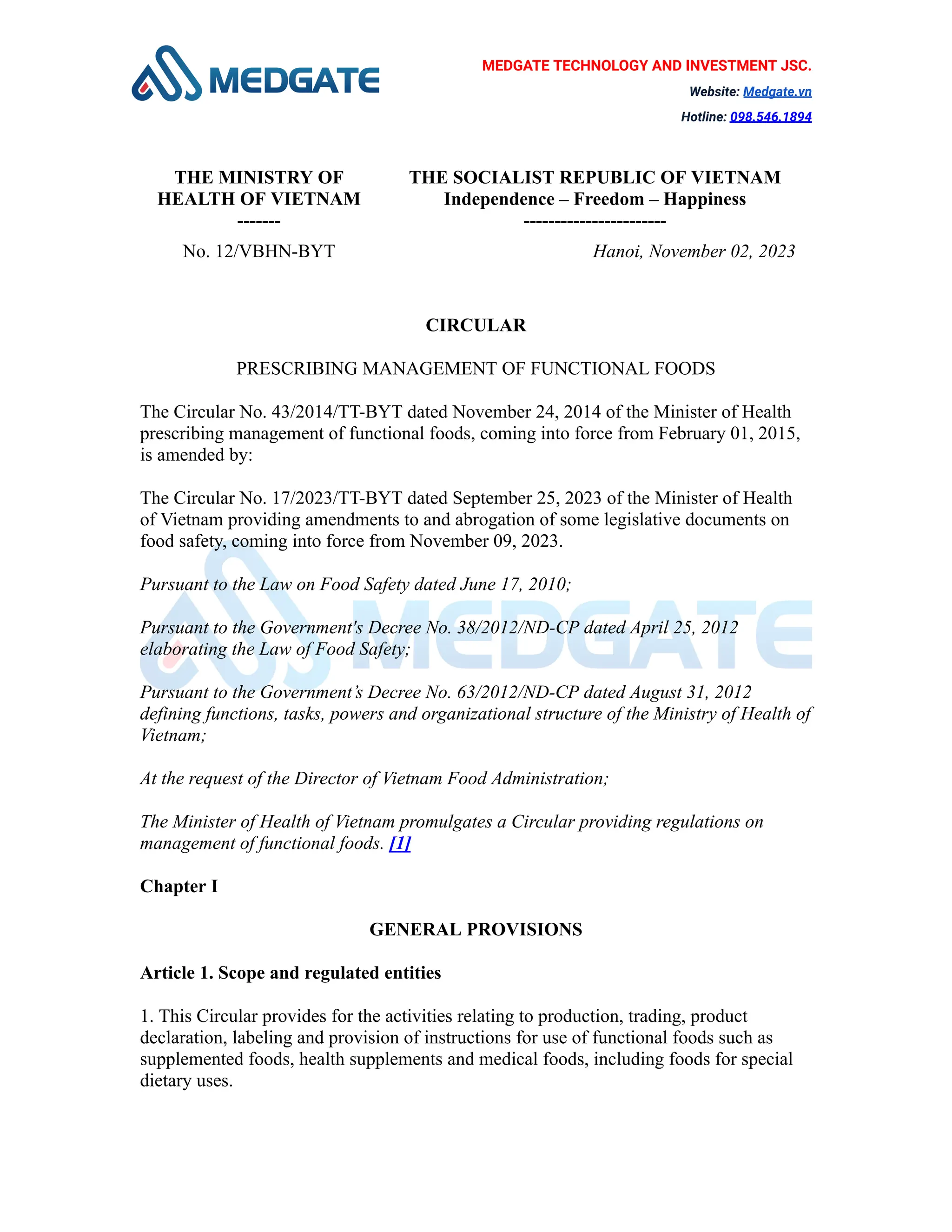 Circular 12/VBHN-BYT: Prescribing Management of Functional Foods | PDF