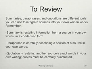 ENG200 Lesson - Working with Sources - Summary, Paraphrase, Quotation.ppt