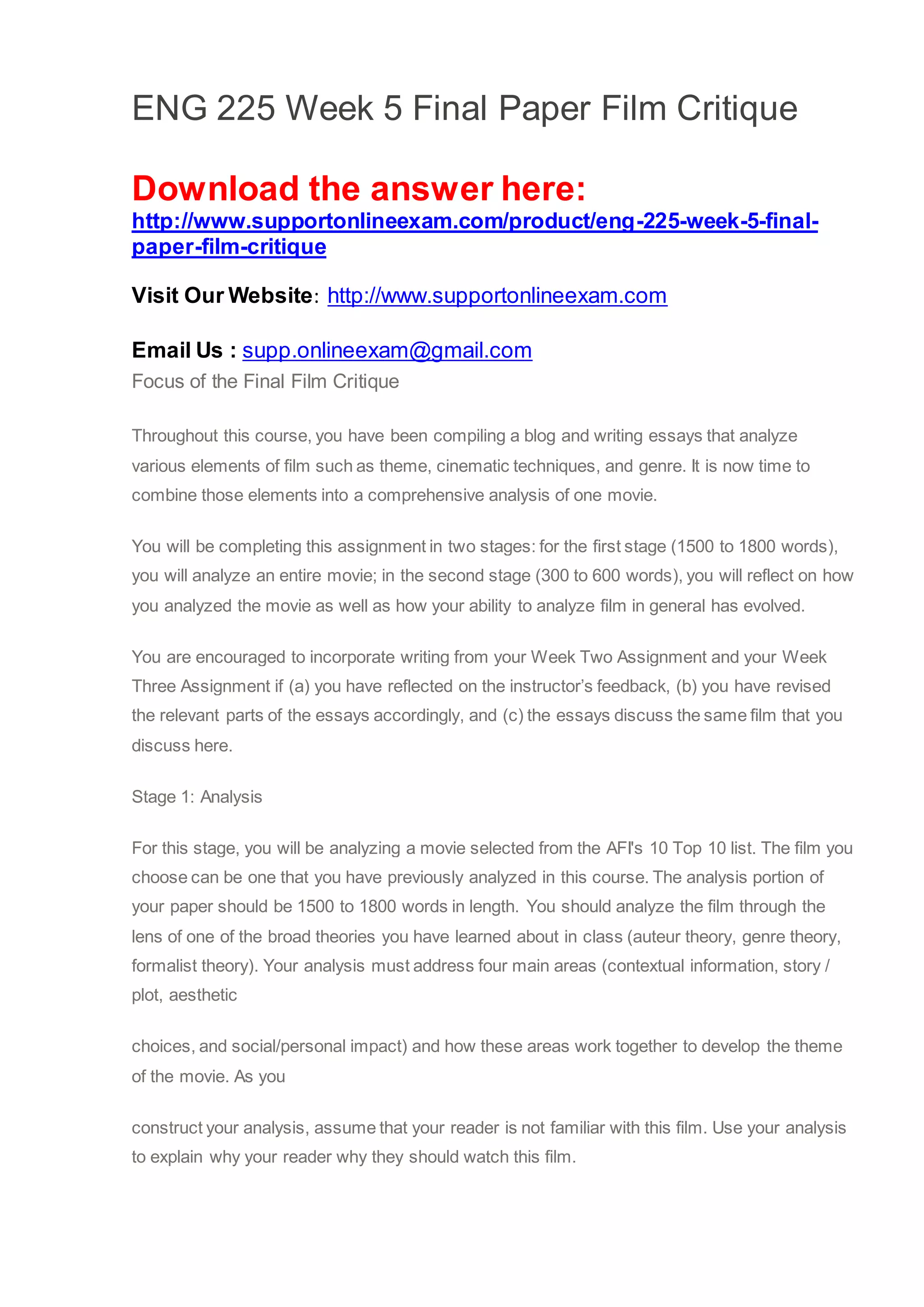 Eng 225 week 5 final paper film critique | PDF