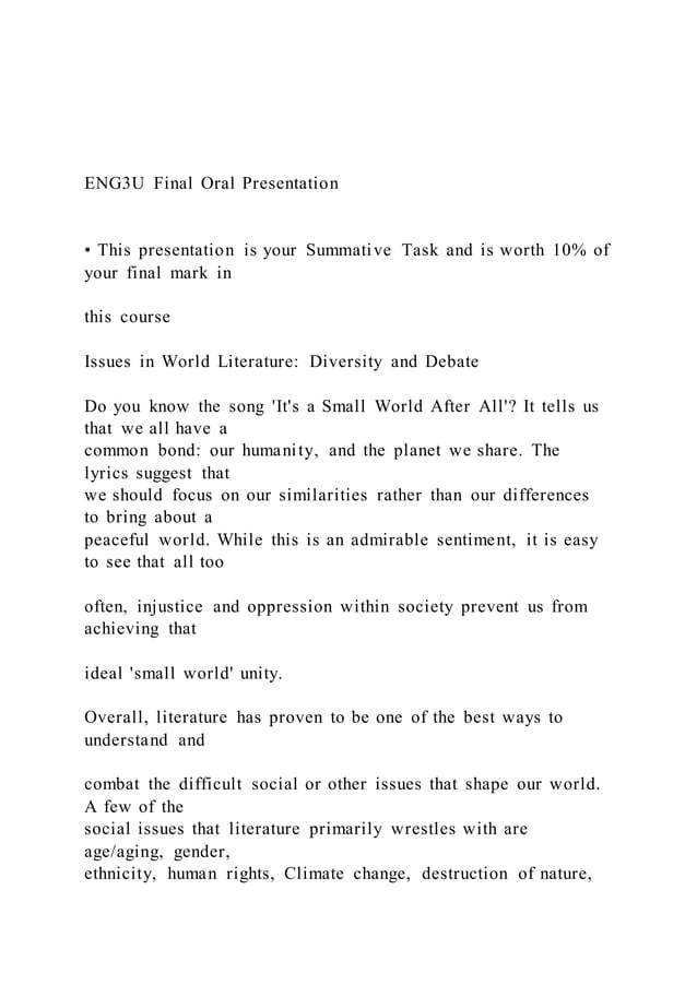 ENG3U Final Oral Presentation on Global Issues in Literature | PDF