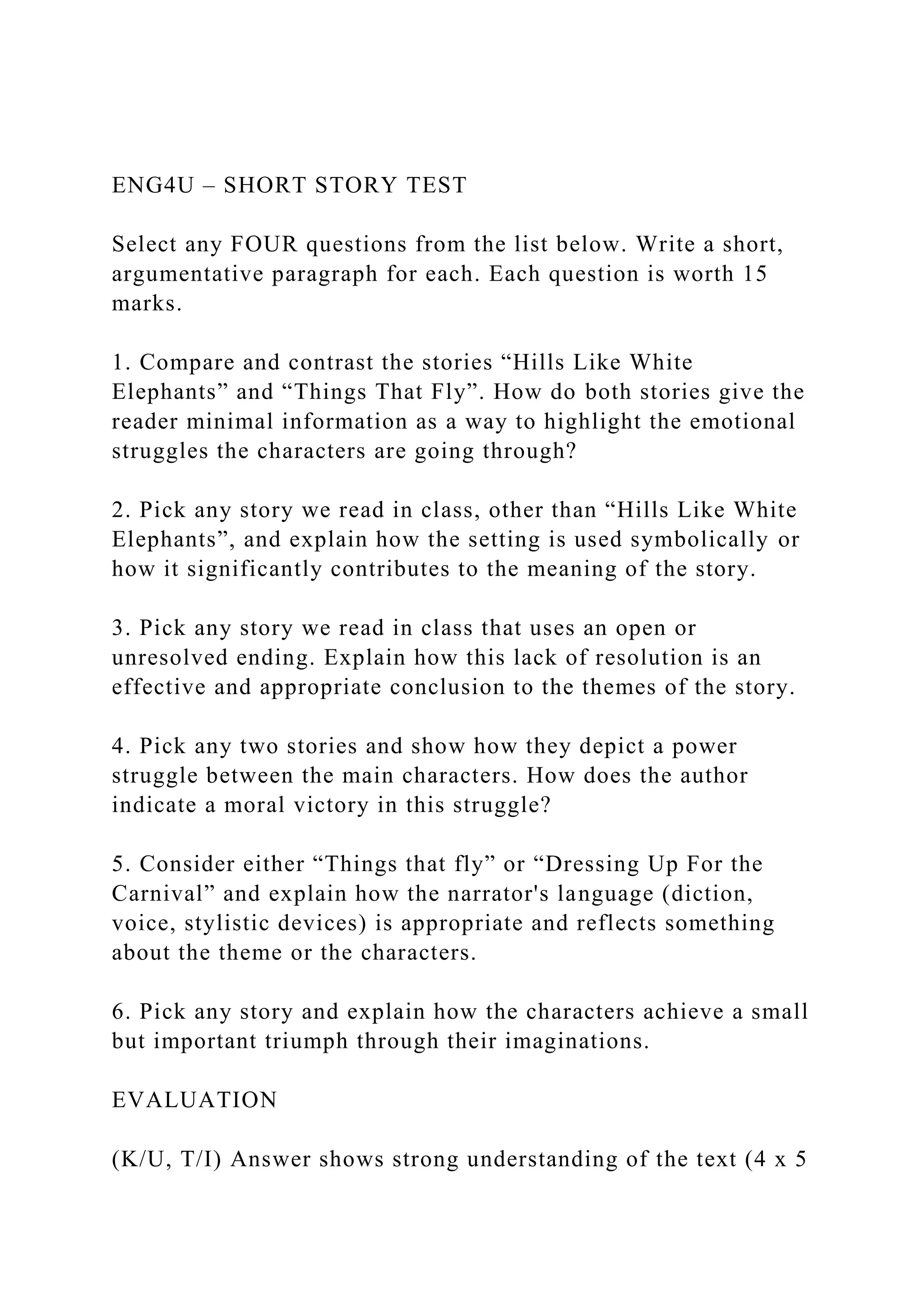 ENG4U – SHORT STORY TESTSelect any FOUR questions from the lis.docx