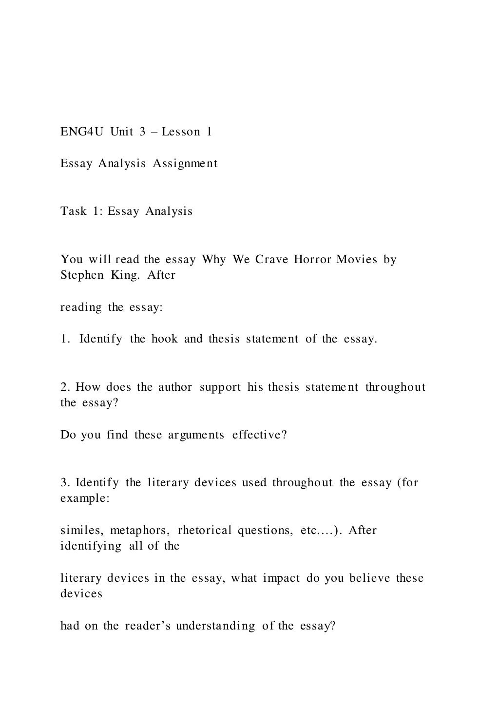 ENG4U Unit 3 – Lesson 1 Essay Analysis Assignment | DOCX