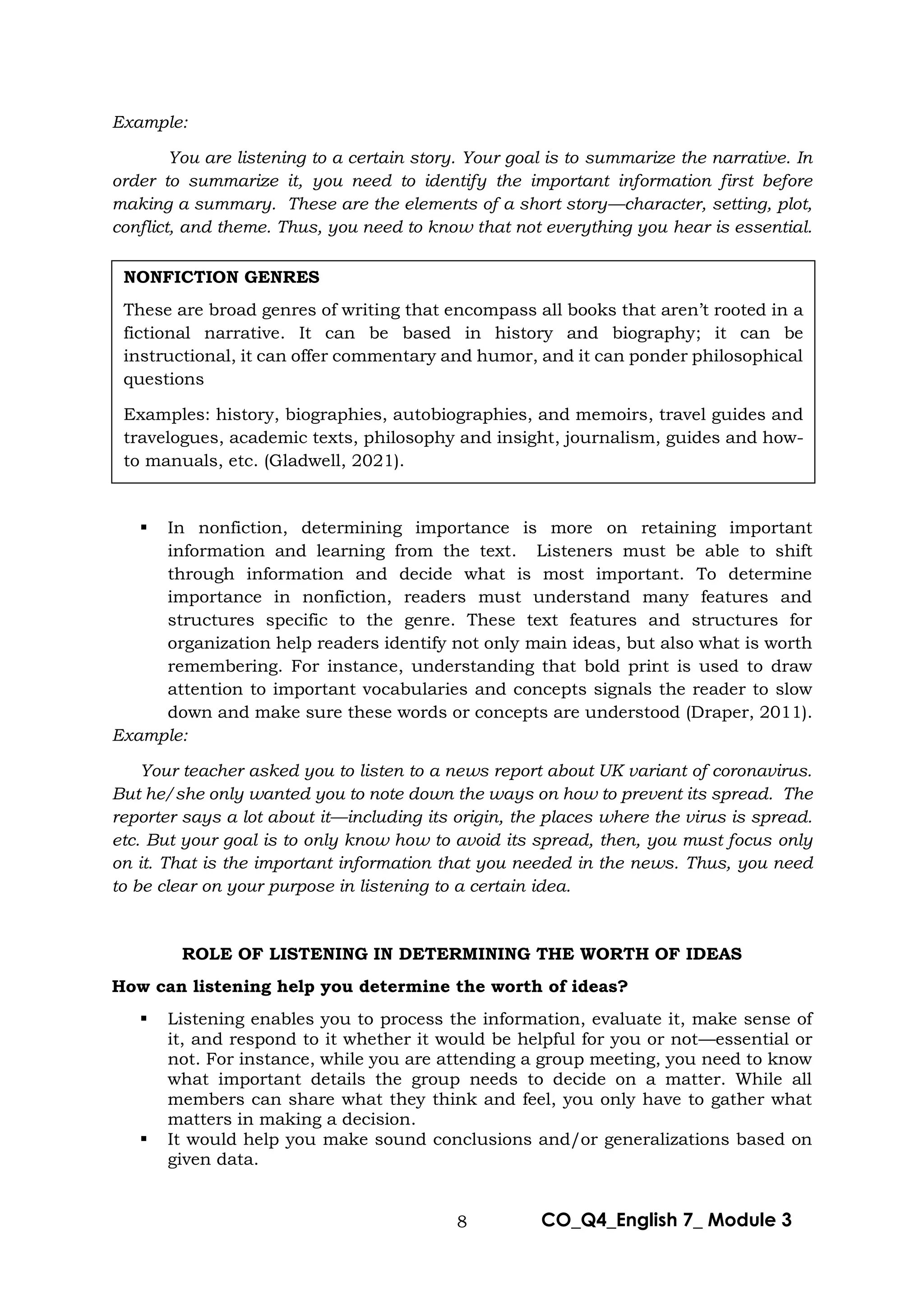 ENG7-Q4-MOD3. determine the worth of ideas mentioned in the text listened to | PDF