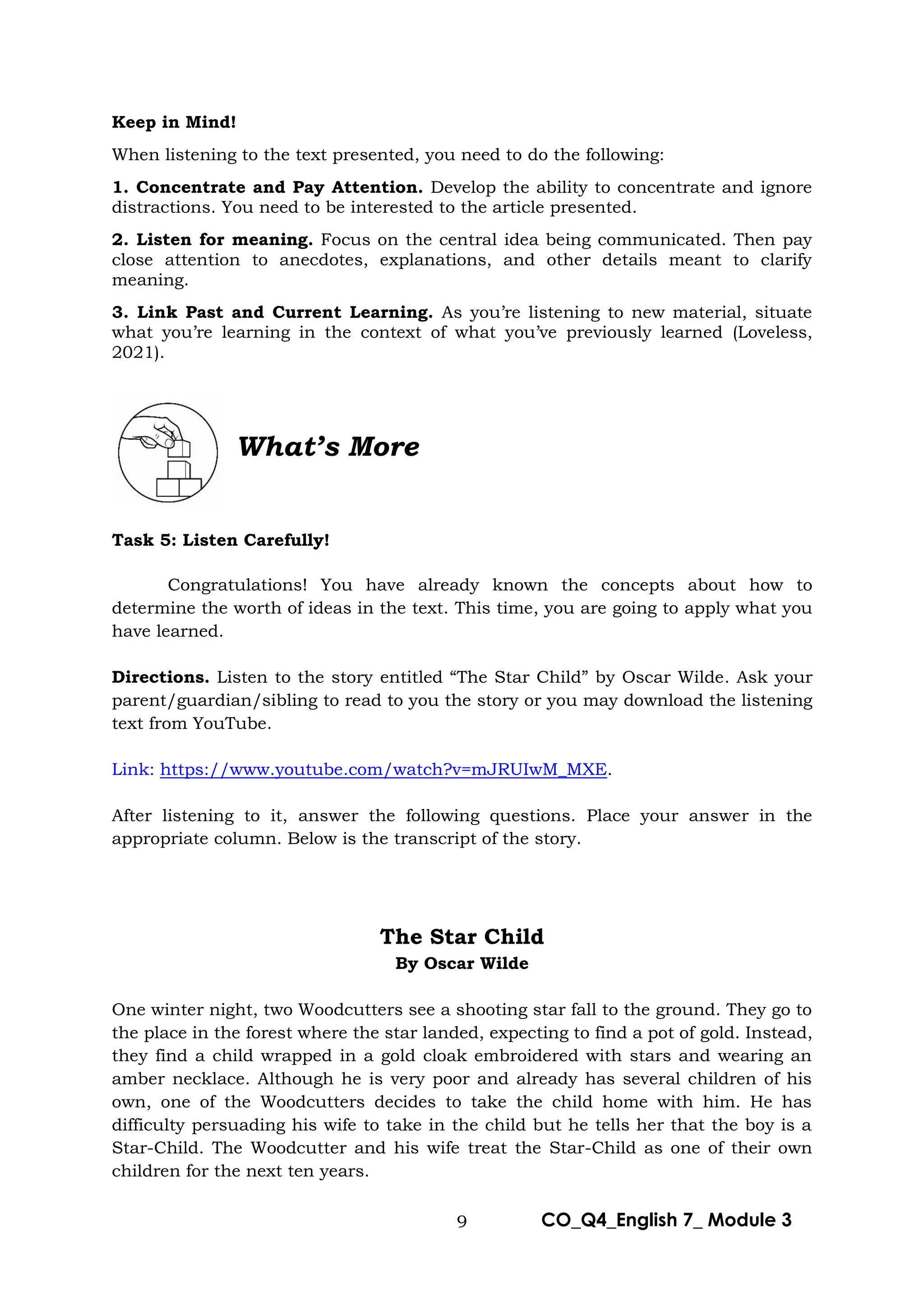 ENG7-Q4-MOD3. determine the worth of ideas mentioned in the text listened to | PDF