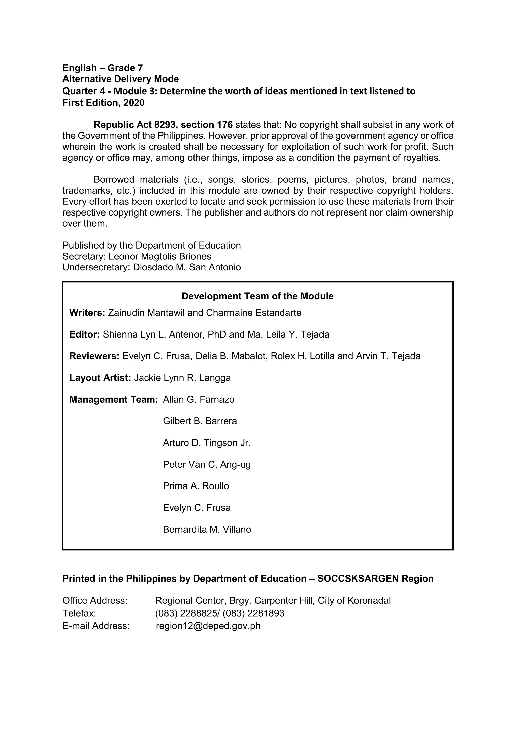 ENG7-Q4-MOD3. determine the worth of ideas mentioned in the text listened to | PDF