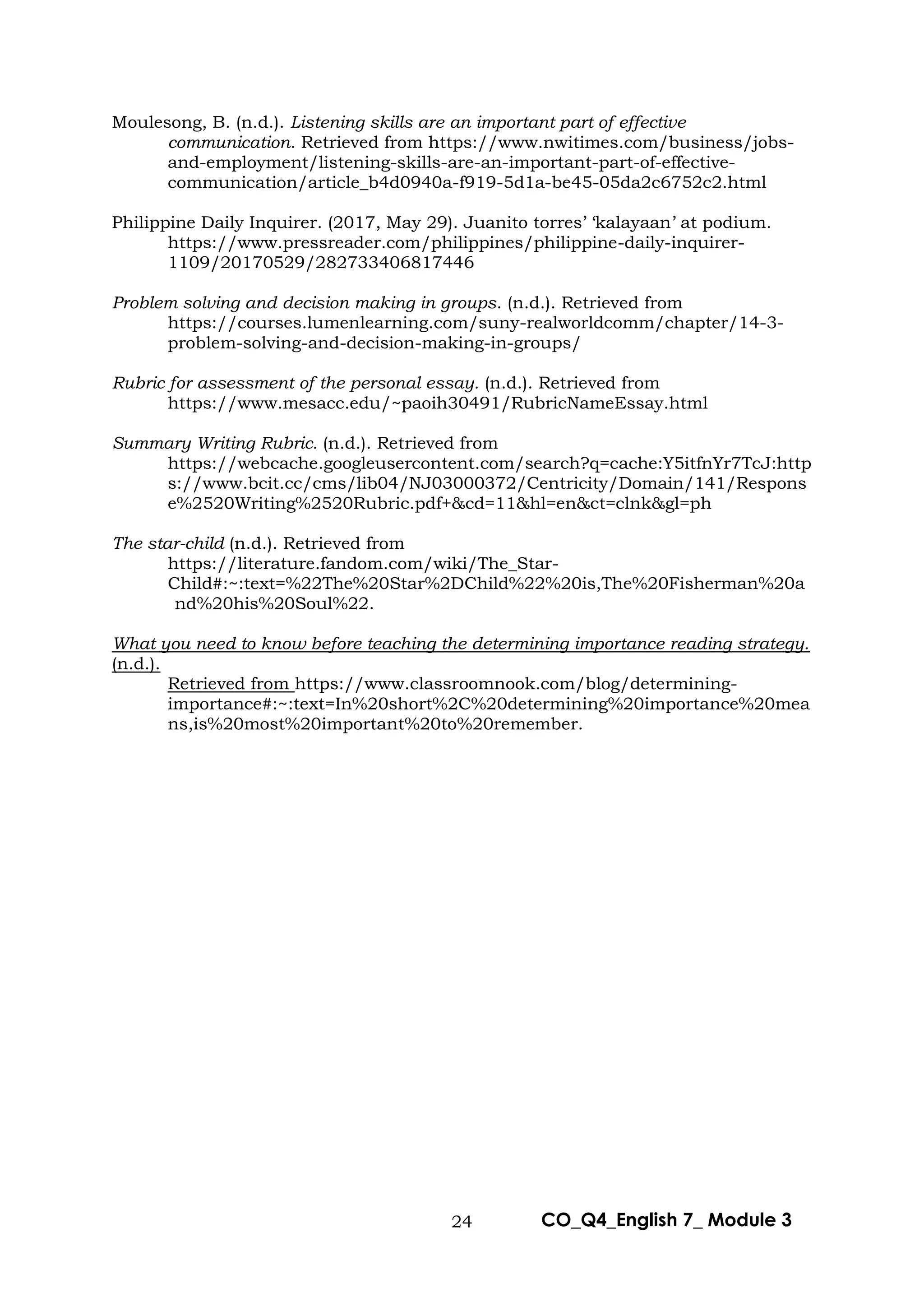 ENG7-Q4-MOD3. determine the worth of ideas mentioned in the text listened to | PDF