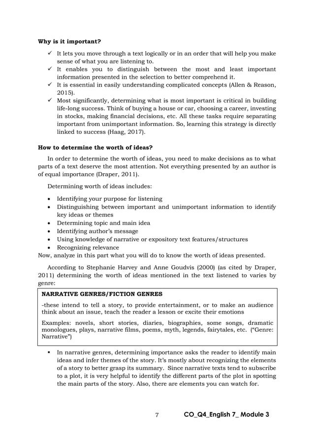 ENG7-Q4-MOD3. determine the worth of ideas mentioned in the text listened to | PDF
