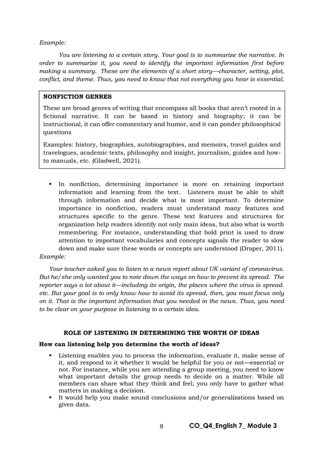 ENG7-Q4-MOD3. determine the worth of ideas mentioned in the text listened to | PDF