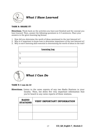 ENG7-Q4-MOD3. determine the worth of ideas mentioned in the text listened to | PDF