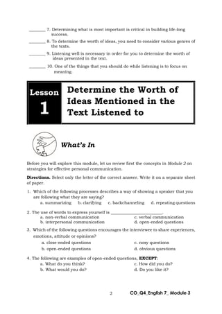 ENG7-Q4-MOD3. determine the worth of ideas mentioned in the text listened to | PDF
