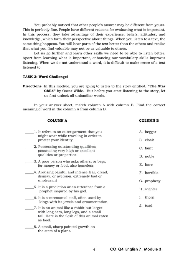 ENG7-Q4-MOD3. determine the worth of ideas mentioned in the text listened to | PDF