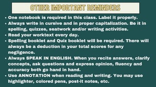 Comprehensive Orientation and Reminders for Grade 7 English Class | PDF