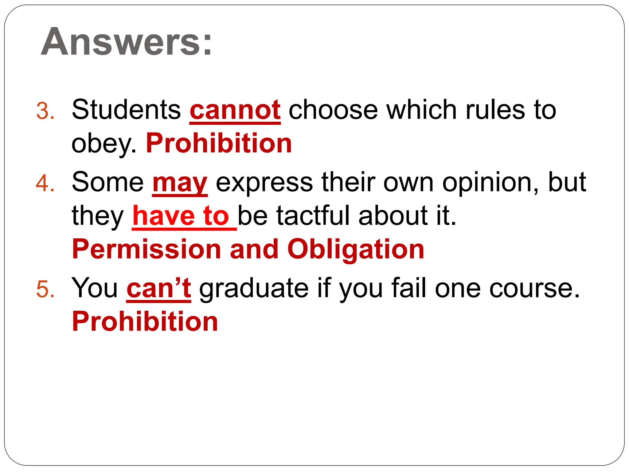 Express permission, obligation, and prohibition in using modals | PPTX
