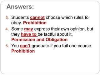 Express permission, obligation, and prohibition in using modals | PPTX