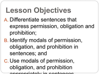 Express permission, obligation, and prohibition in using modals | PPTX