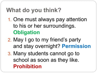 Expressing permission, prohibition and obligation using modals | PPTX