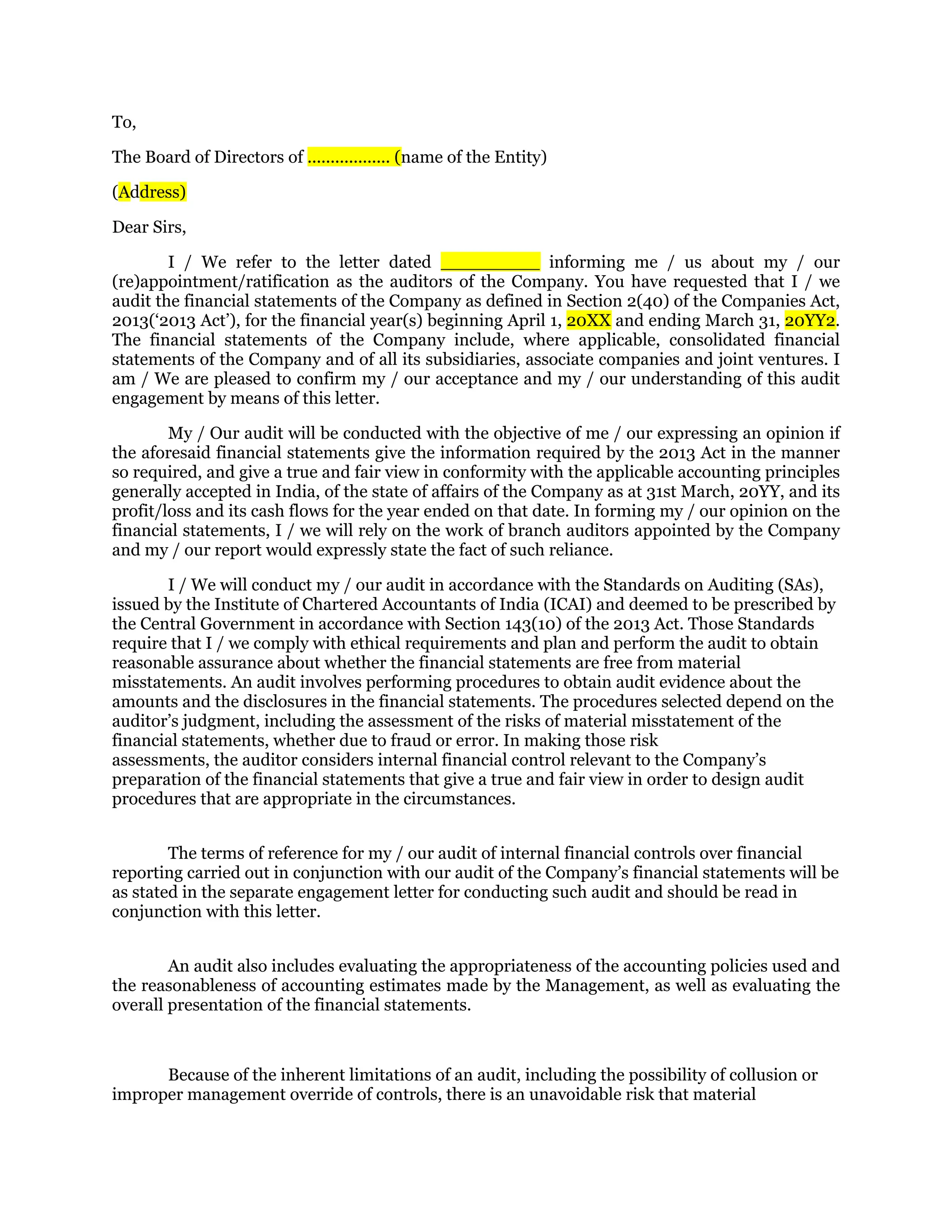 Engagement Letter Format for statutory audit | PDF