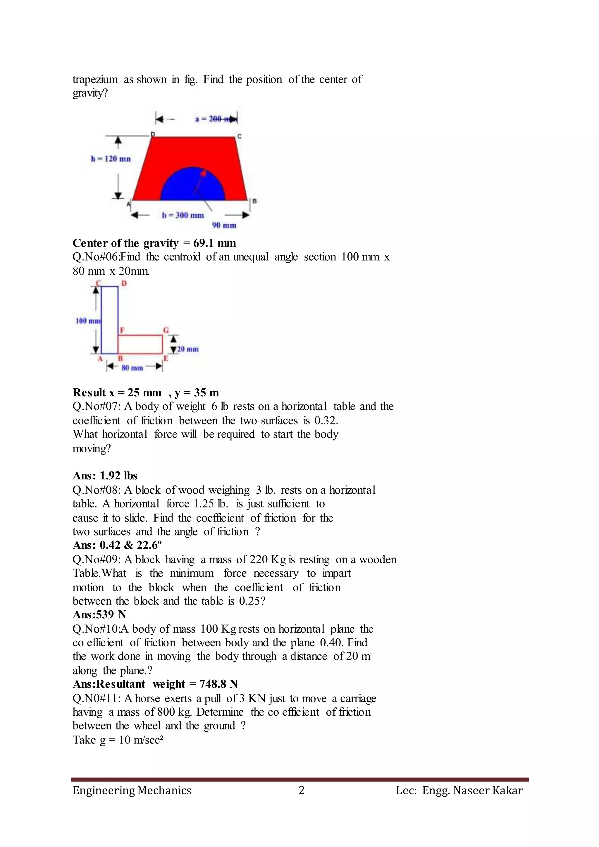 Engineering Mechanics Questions. | DOCX