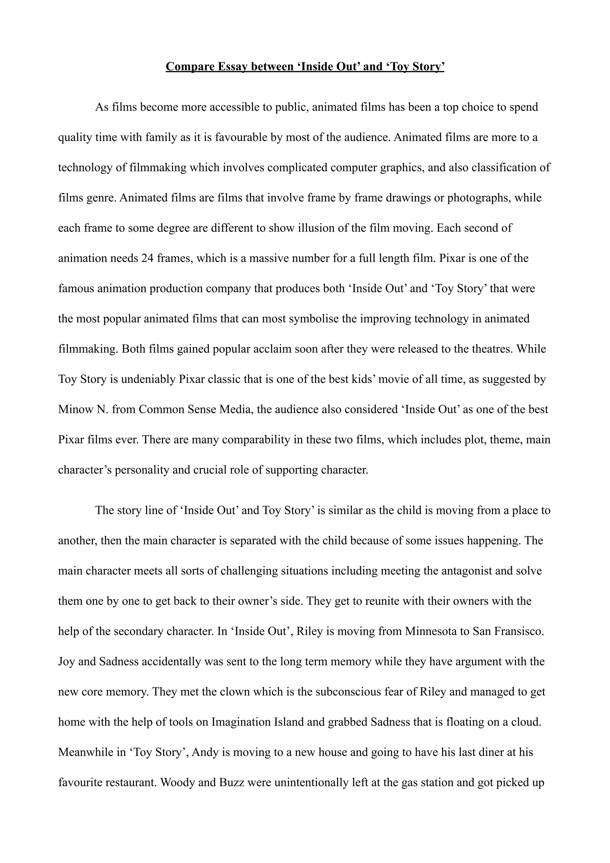 Eng ii compare toy story vs inside out | PDF