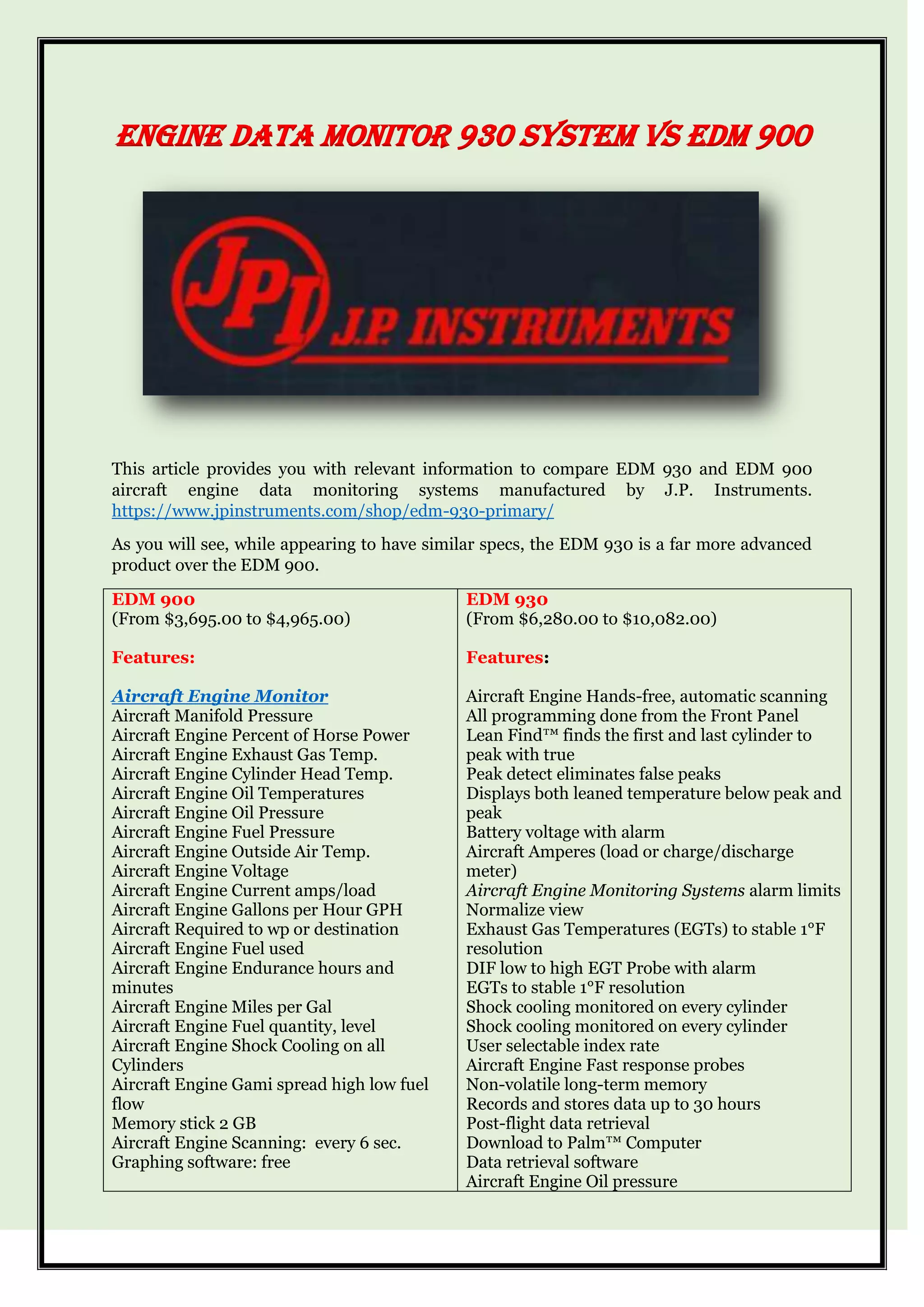 Engine data monitor 930 system vs edm 900 | PDF