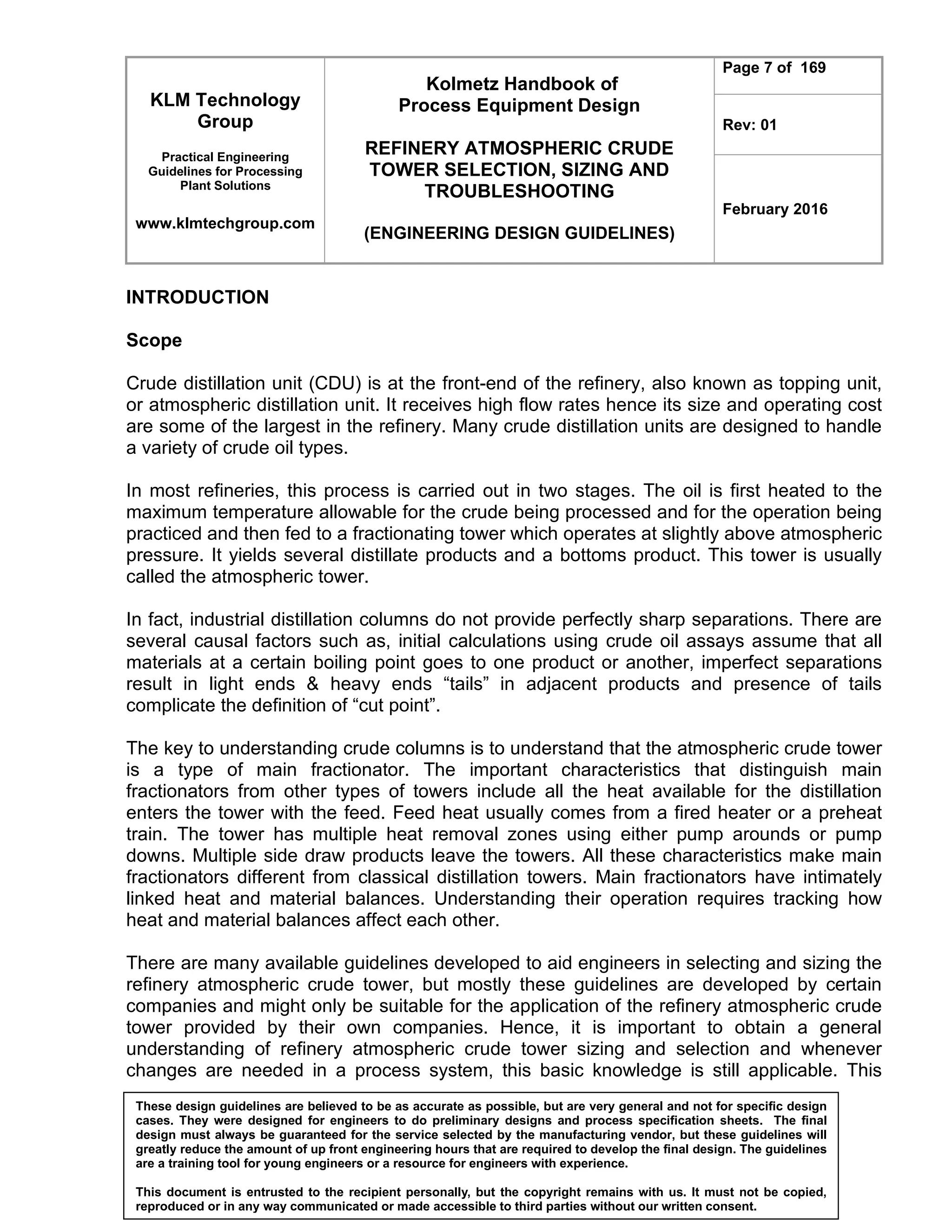Refinery Atmospheric Crude Tower Selection, Sizing and Troubleshooting ...