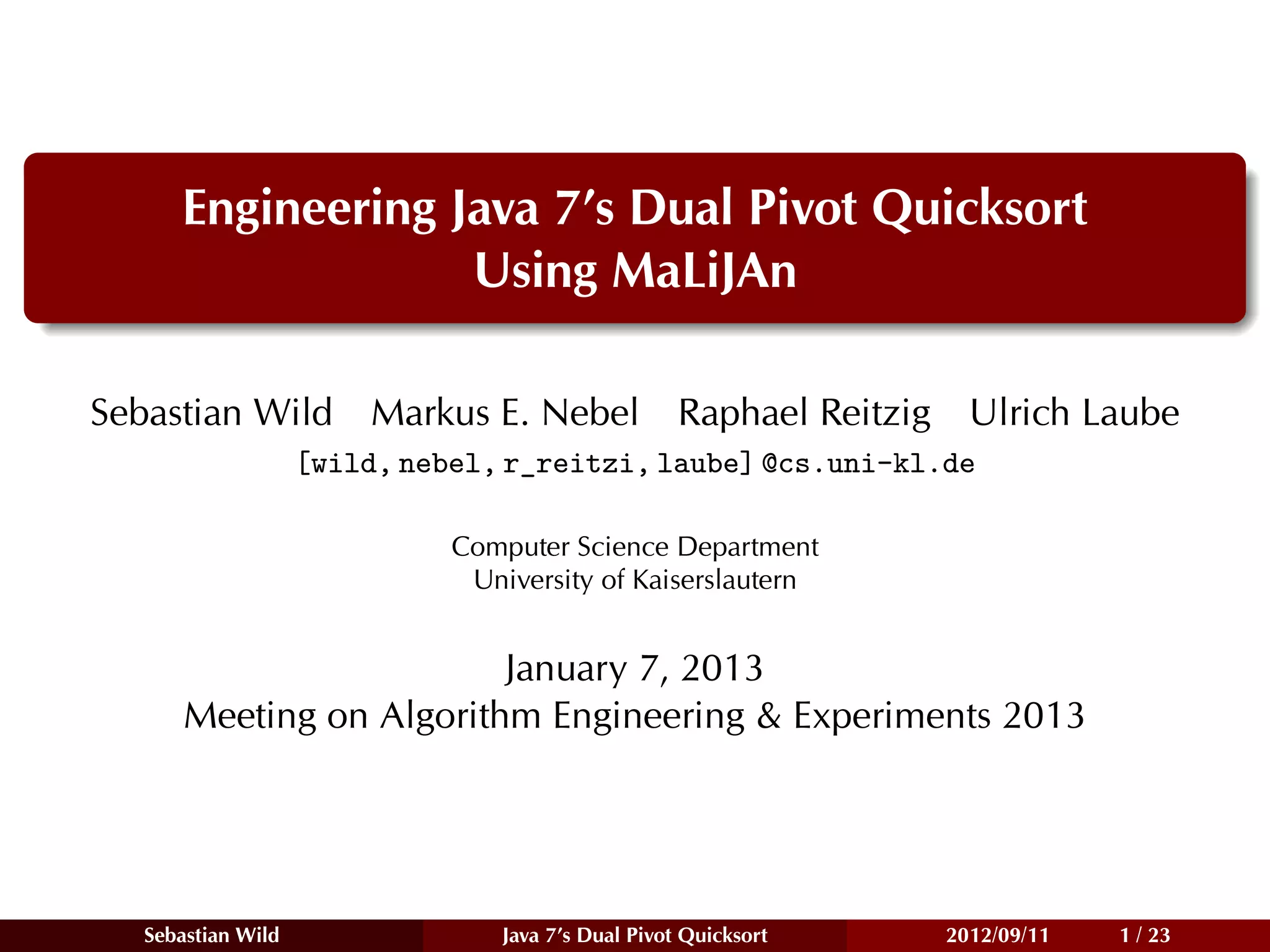 Engineering Java 7's Dual Pivot Quicksort Using MaLiJAn | PDF | Programming Languages | Computing