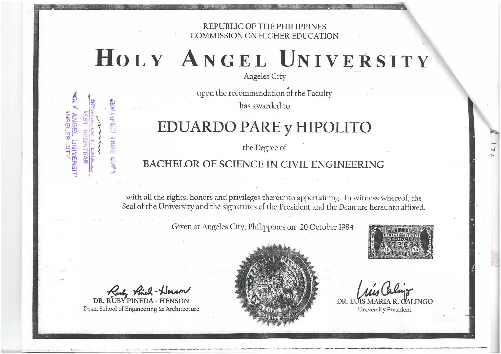 EDUARDO H. PARE - ENGINEERING DEGREE CERTIFICATE | PDF