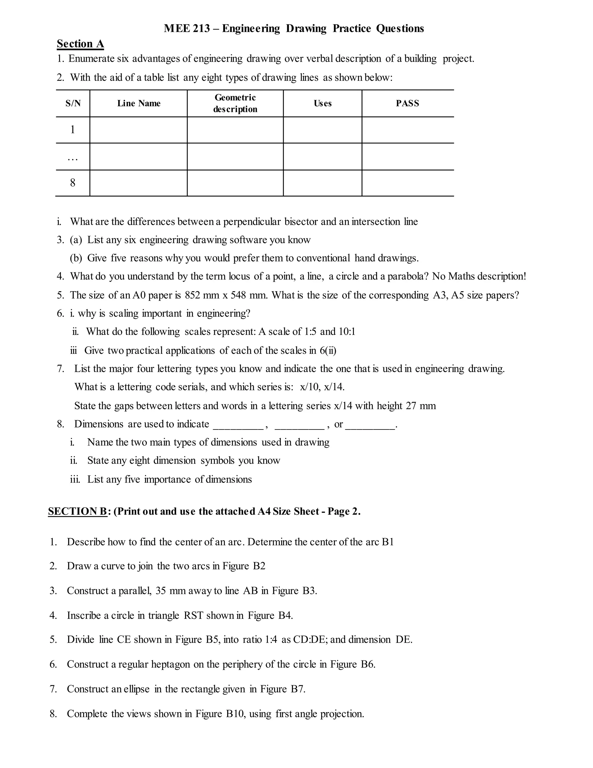 Engineering drawing practice questions first semester - 2019-2020 (1 ...