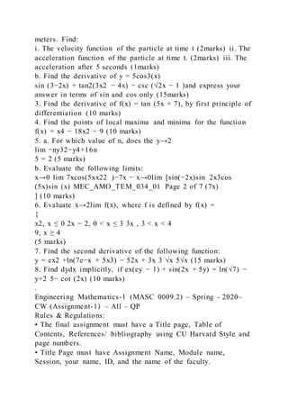 Engineering Mathematics-1 (MASC 0009.2) – Spring - 2020– CW (Assig | PDF