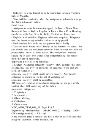 Engineering Mathematics-1 (MASC 0009.2) – Spring - 2020– CW (Assig | PDF