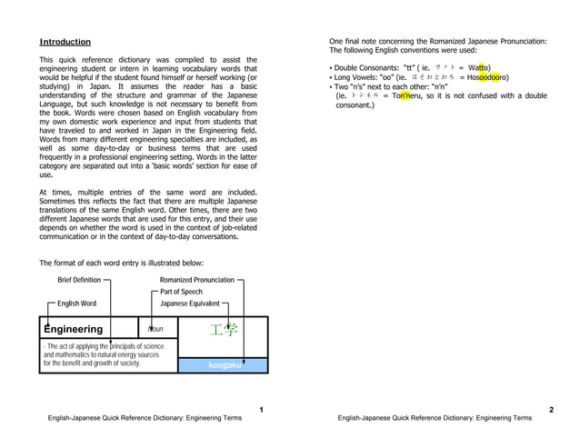 Engineering Noun. Introduction. 1 English-Japanese Quick Reference ...