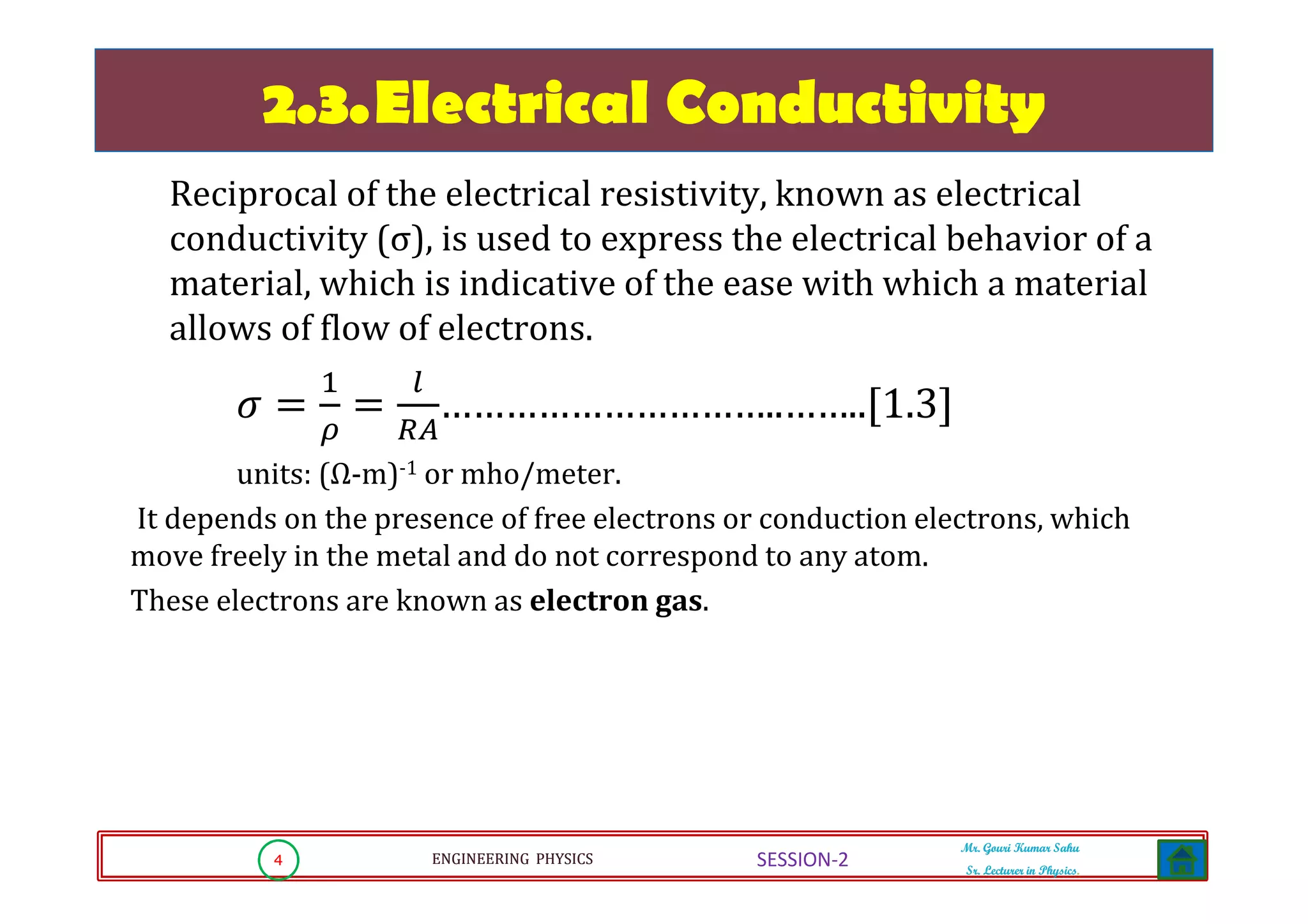 Engineering physics 1(Electrical conductivity) | PDF