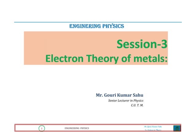 Engineering physics 2(Electron Theory of metals) | PDF | Chemistry | Science