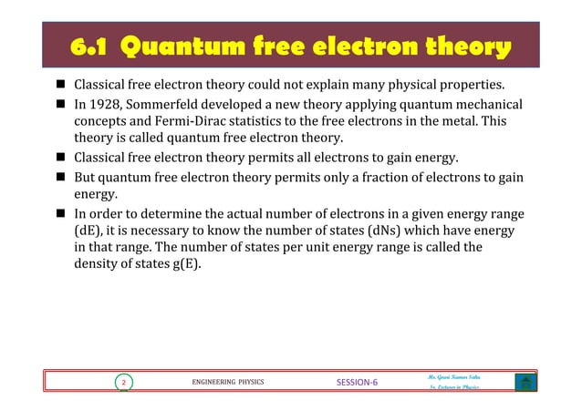 Engineering physics 5(Quantum free electron theory) | PDF