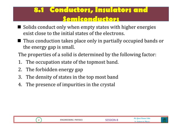 Engineering physics 7(conductors, insulators and semiconductors) | PPT