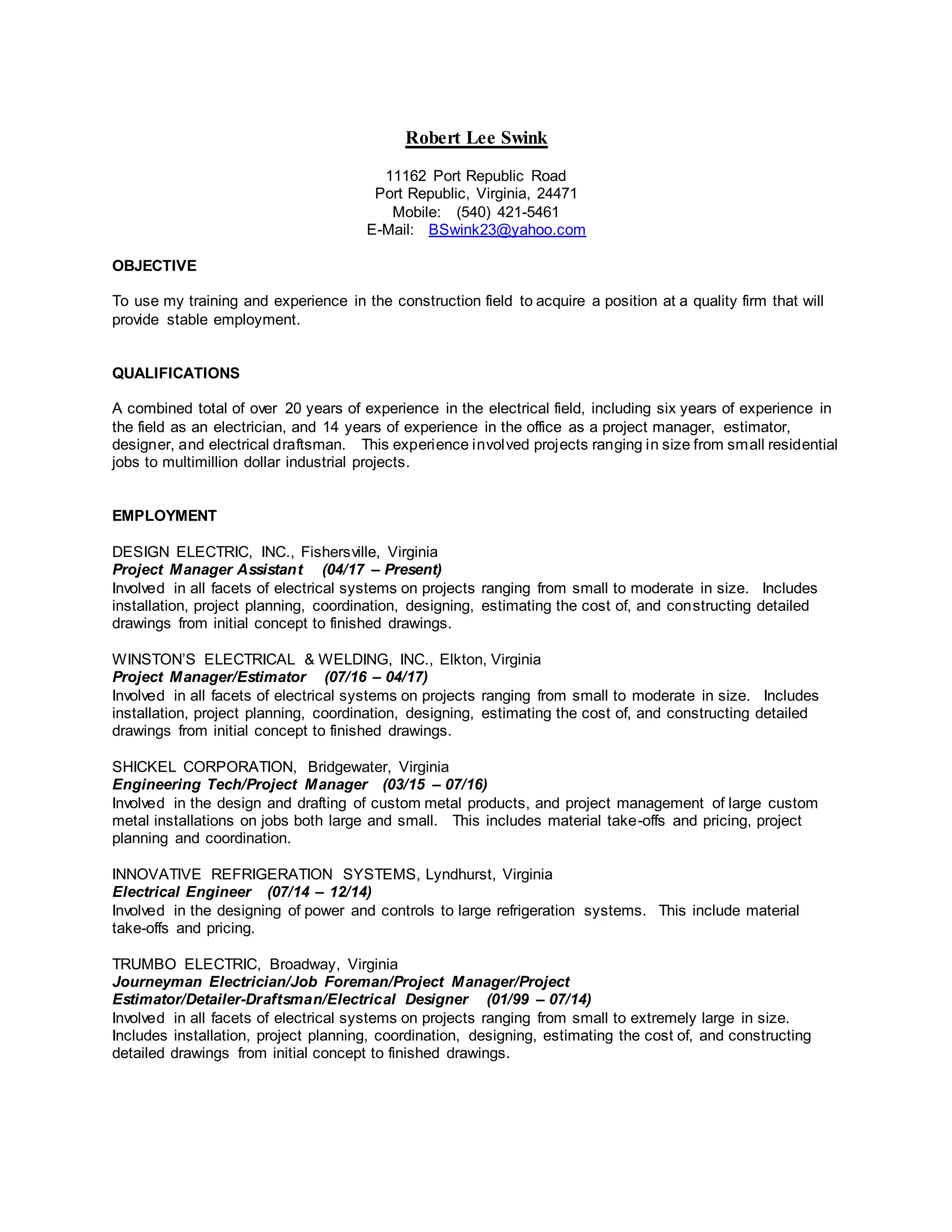 Engineering resume robert lee swink | PDF