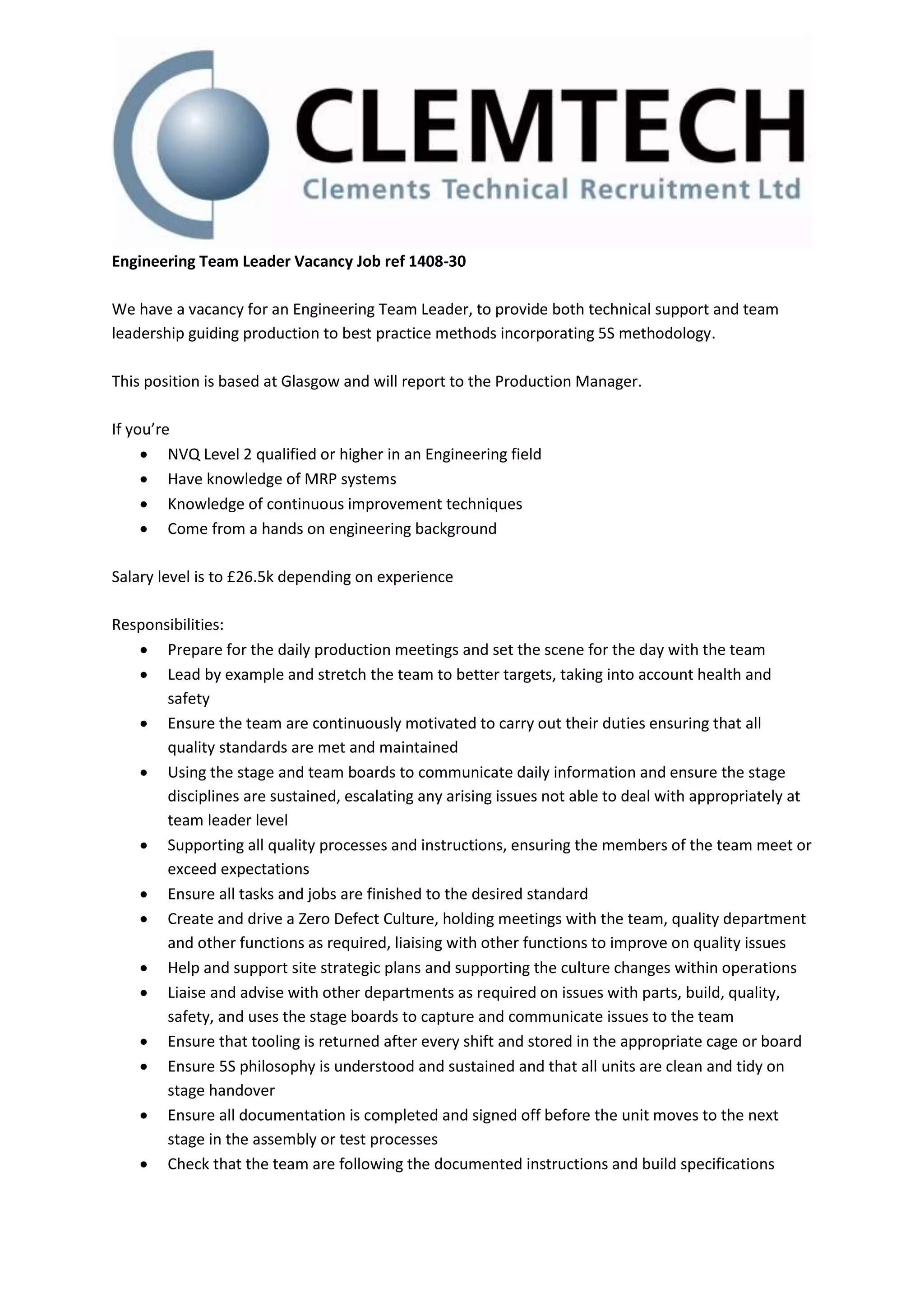 Engineering Team Leader Vacancy Job ref 1408-30 | PDF