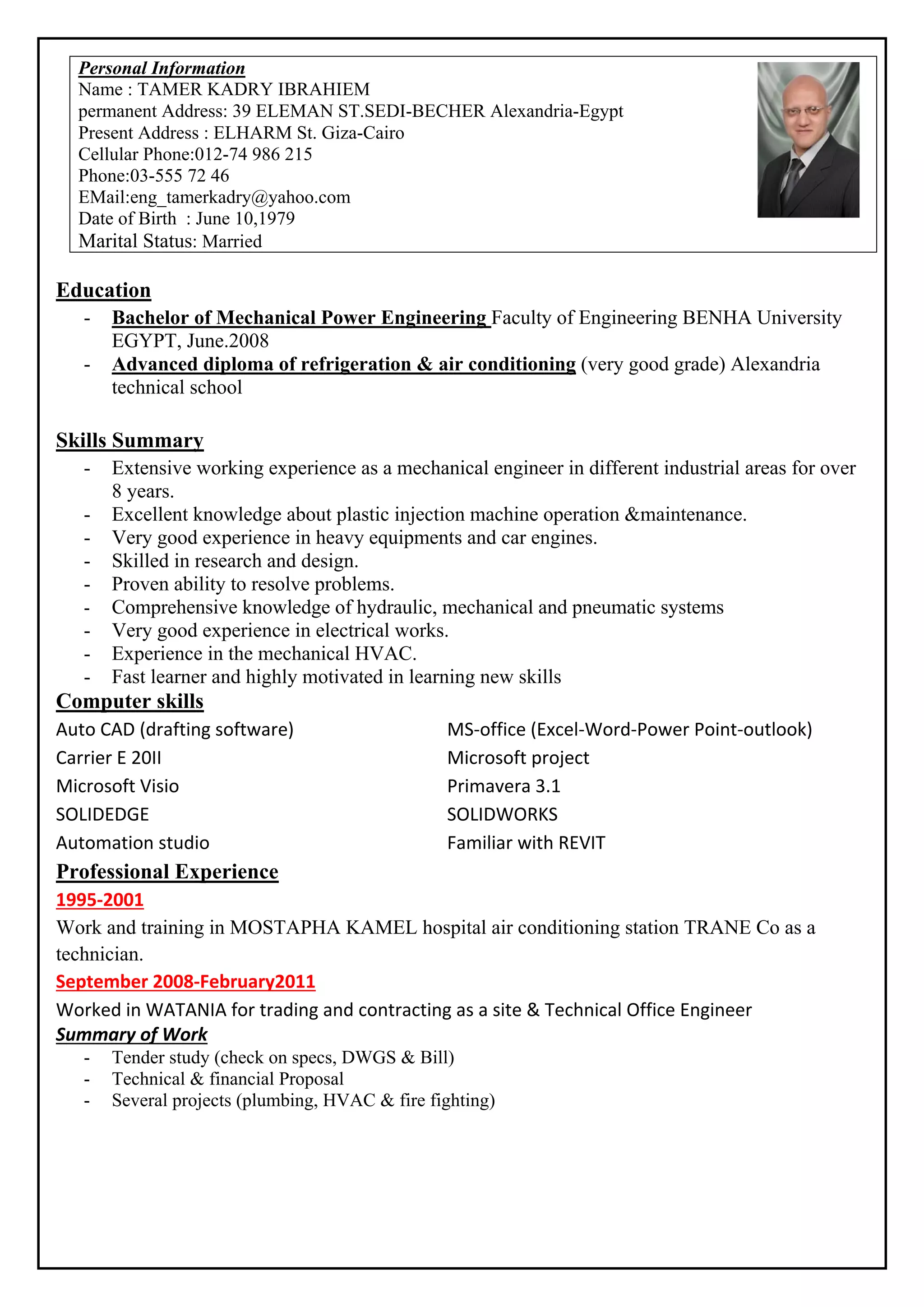 Engineer tamer kadry resume | PDF | Civil Engineering Industry | Industries