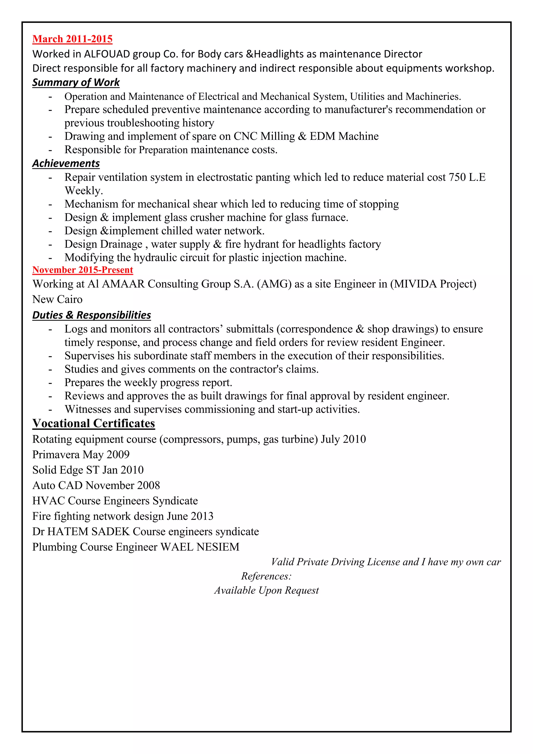 Engineer tamer kadry resume | PDF | Civil Engineering Industry | Industries