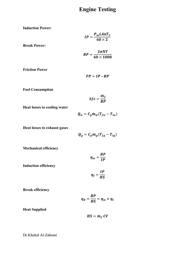 MET 211 Engine testing equations | PDF