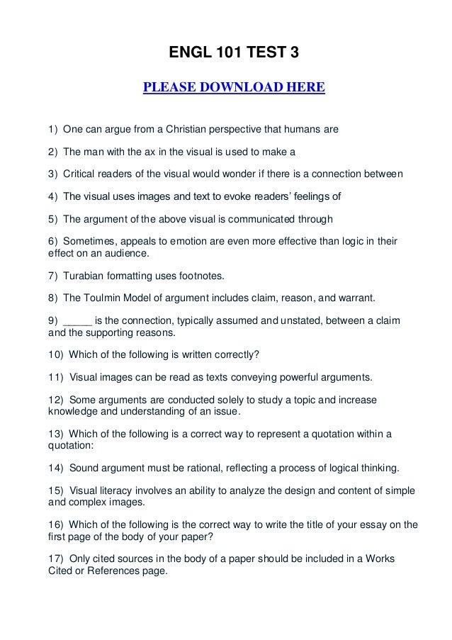 Engl 101 Final Exam 3 Engl 101 Final Exam 3