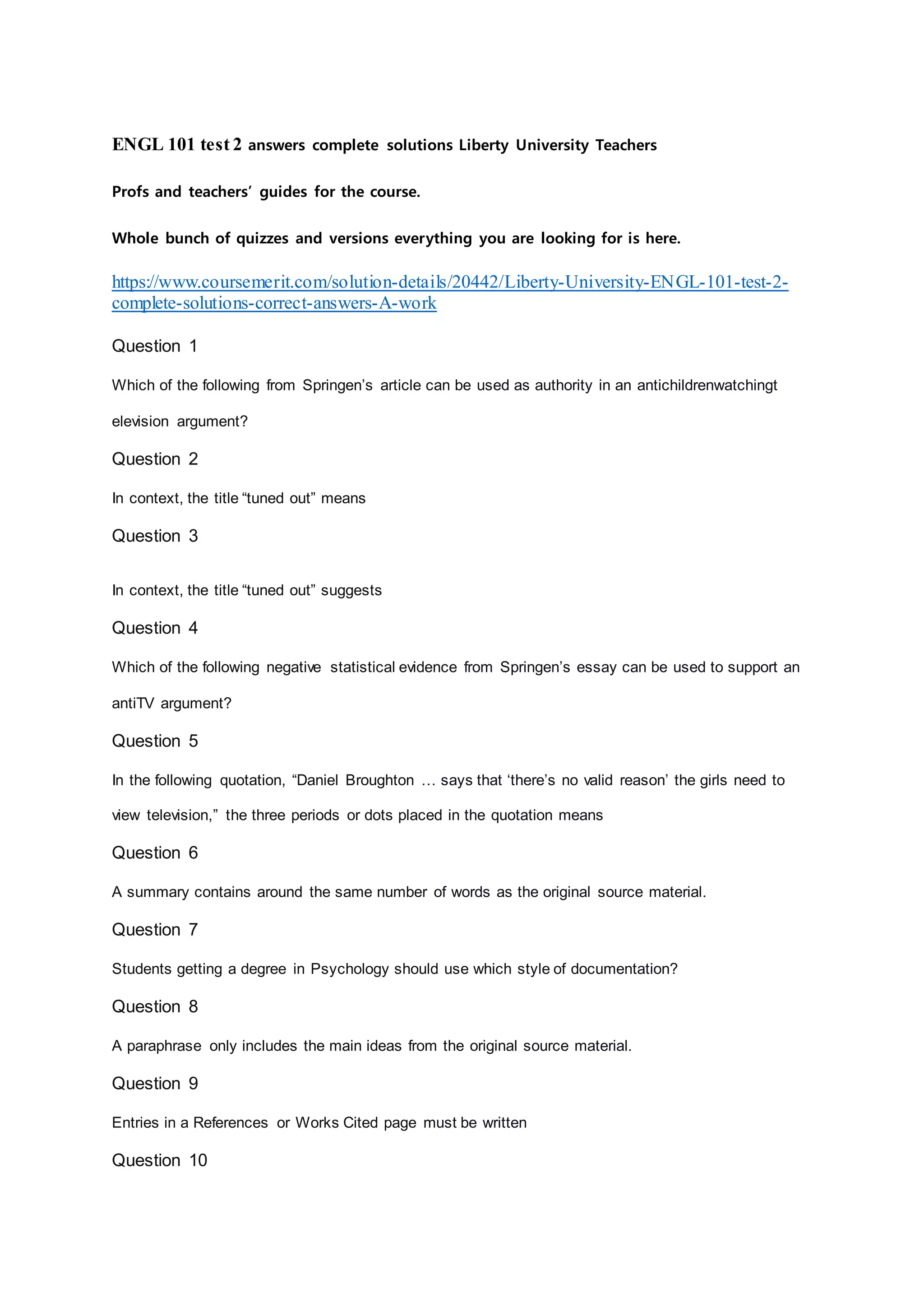 Engl 101 test 2 answers complete solutions liberty university teachers ...