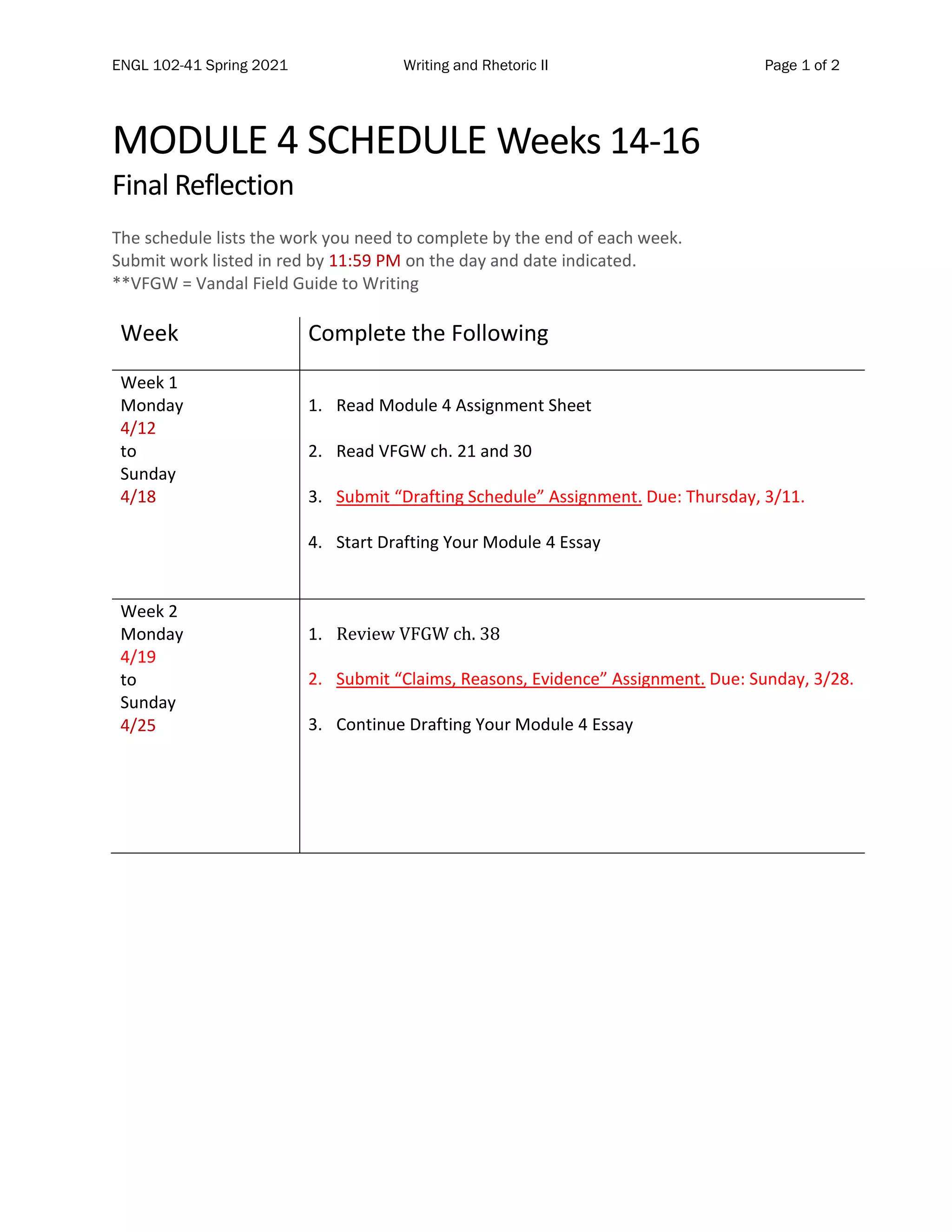Engl102 module 4 schedule_spring | PDF