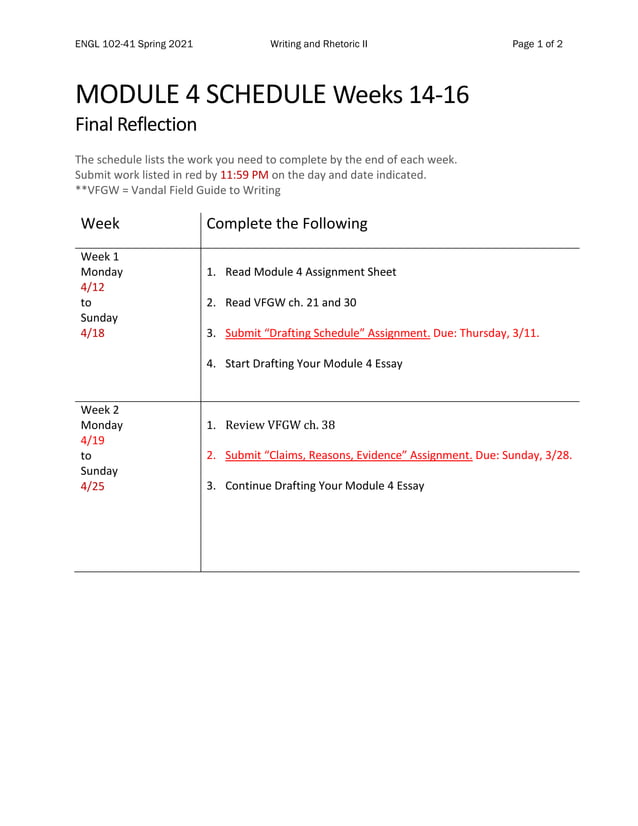 Engl102 module 4 schedule_spring | PDF