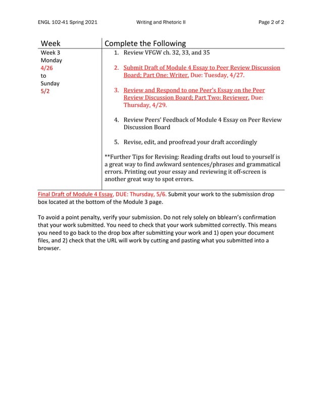 Engl102 module 4 schedule_spring | PDF