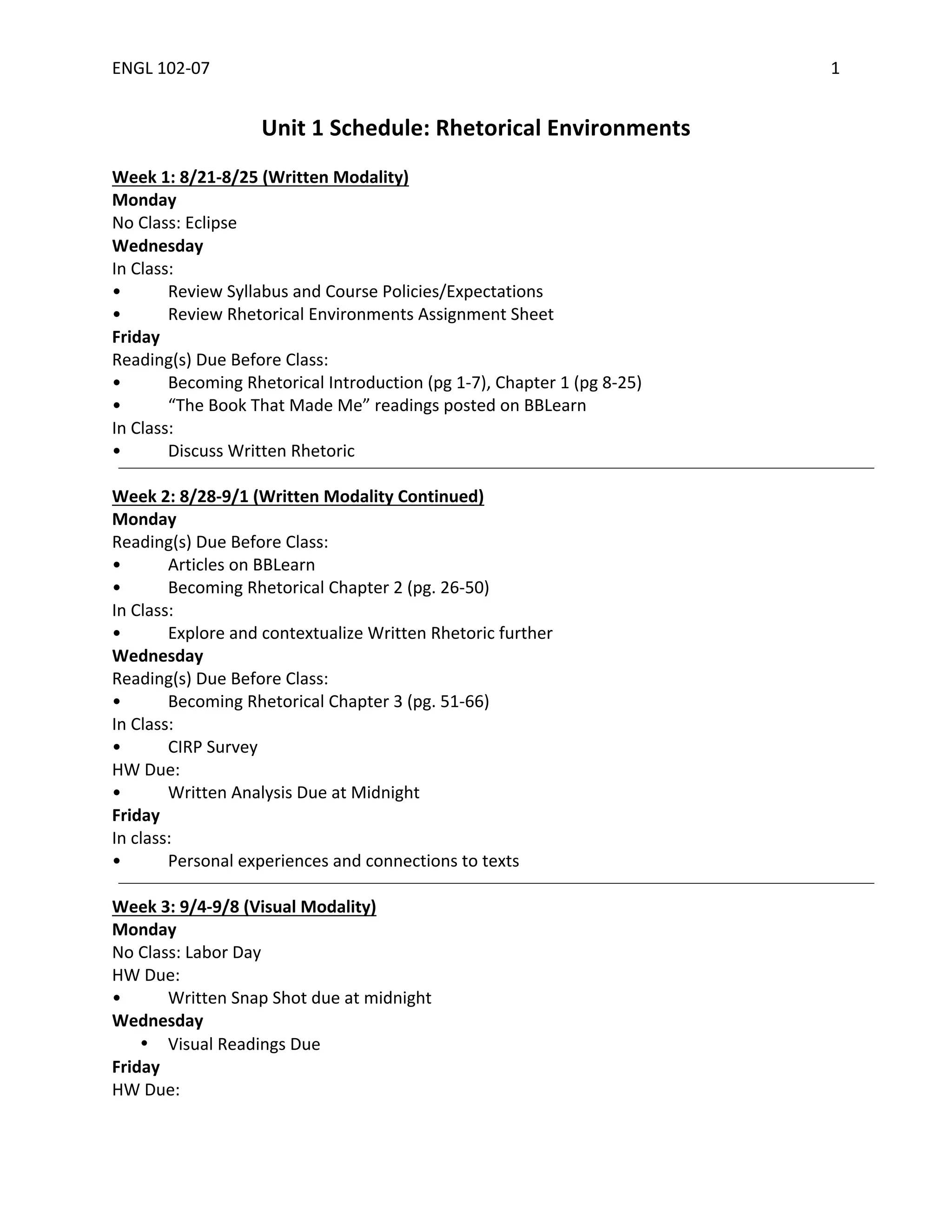 Rhetorical Environments Unit 1 Schedule | PDF