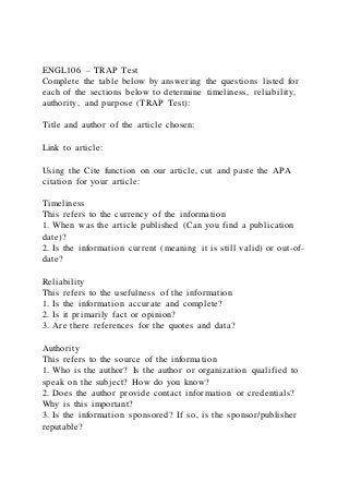 ENGL106 – TRAP TestComplete the table below by answering the que | PDF
