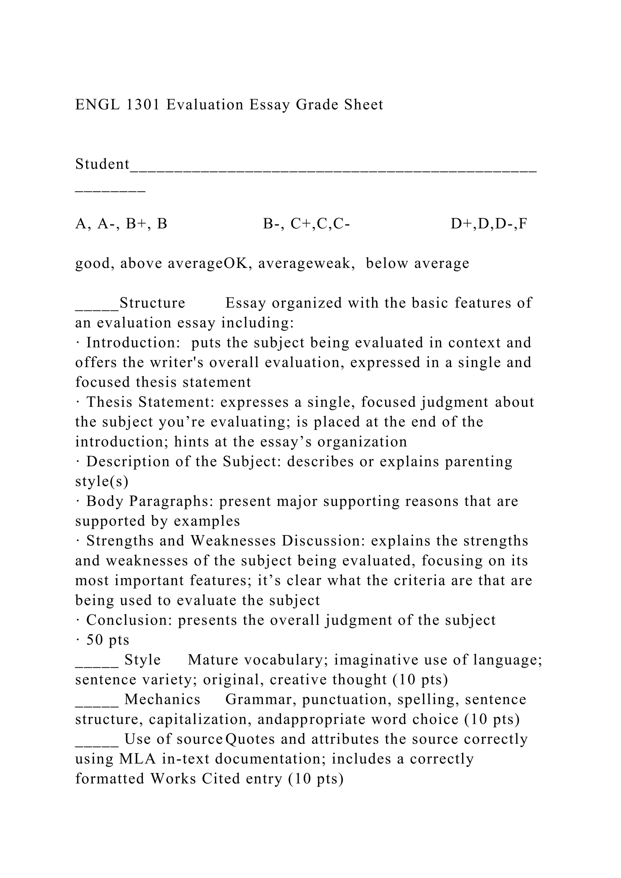 ENGL 1301 Evaluation Essay Grade Sheet Student___________.docx