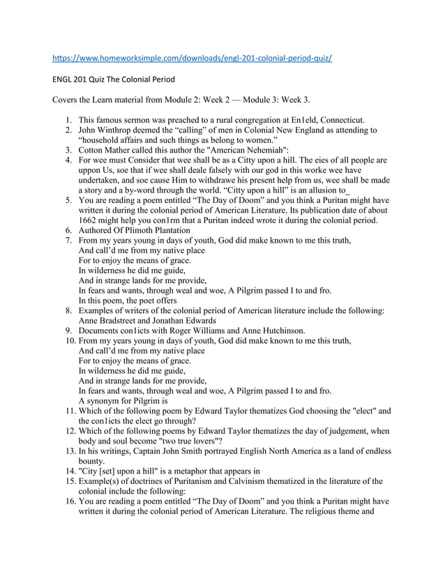 ENGL 201 Quiz The Colonial Period Liberty.docx