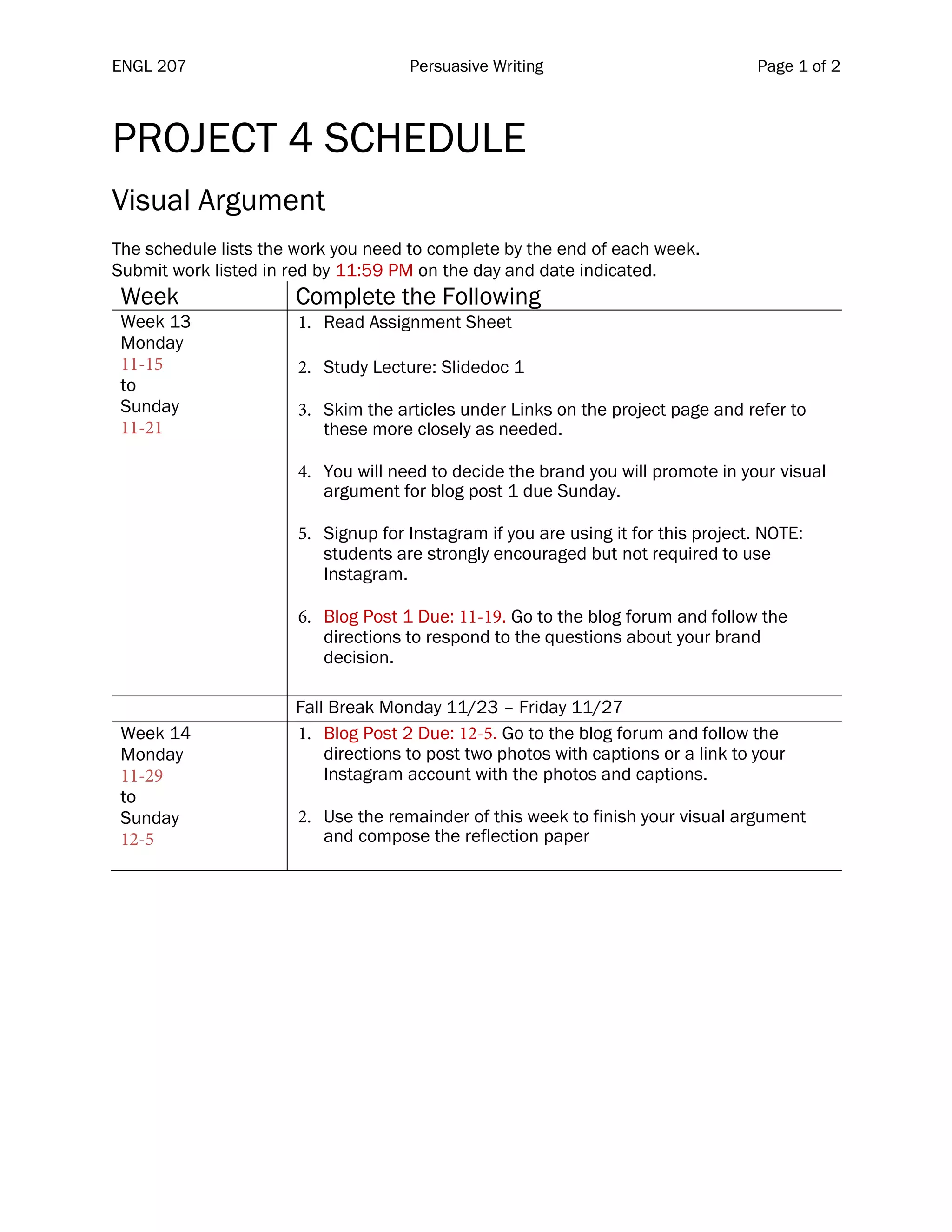 Engl207 project4 schedule_fall | PDF